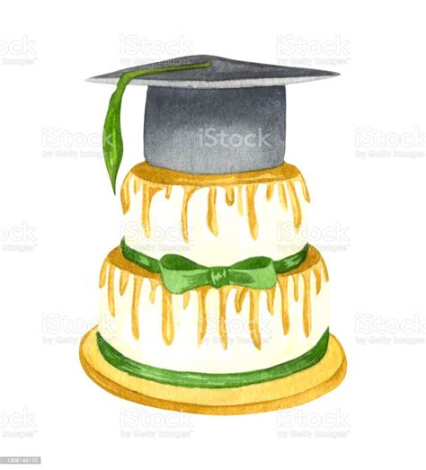 수채화 케이크는 학교에서 성공적인 졸업을 축하합니다 모자를 얹은 수작업으로 그려진 졸업 케이크 기념일에 대한 스톡 벡터 아트 및