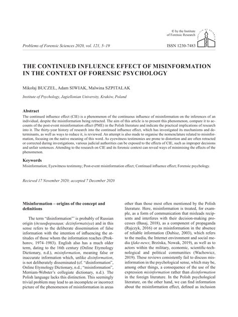 Pdf Continued Influence Of Misinformation Effect In The Context Of Forensic Psychology