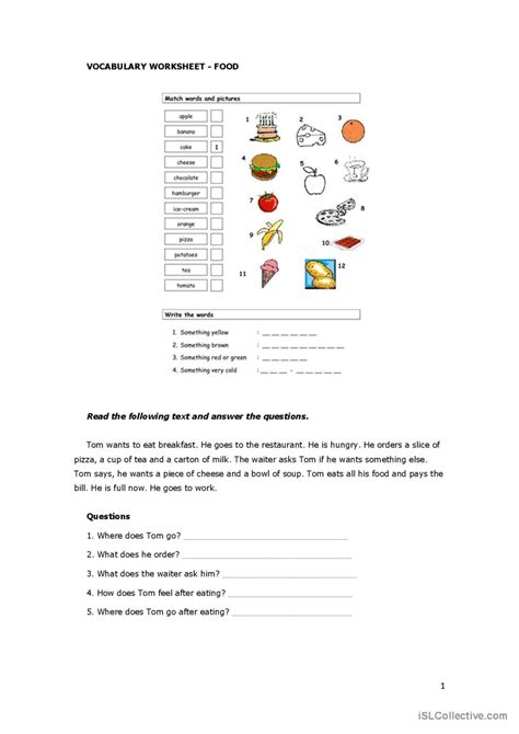 Vocabulary Worksheet Food English Esl Worksheets Pdf And Doc