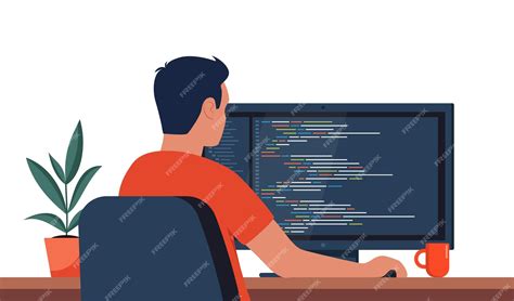 Premium Vector Young Man Writing Code On A Desktop Computer Software