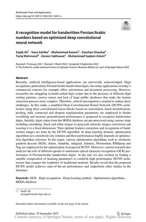 A Recognition Model For Handwritten Persian Arabic Numbers Based On