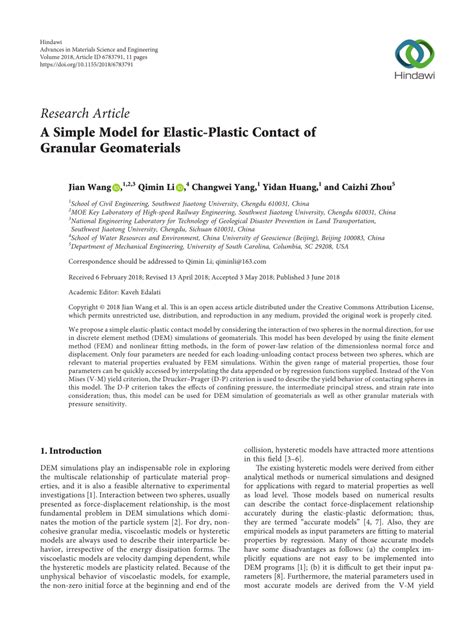 Pdf A Simple Model For Elastic Plastic Contact Of Granular Geomaterials