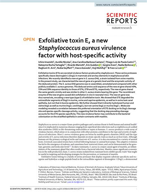 Pdf Exfoliative Toxin E A New Staphylococcus Aureus Virulence Factor With Host Specific Activity
