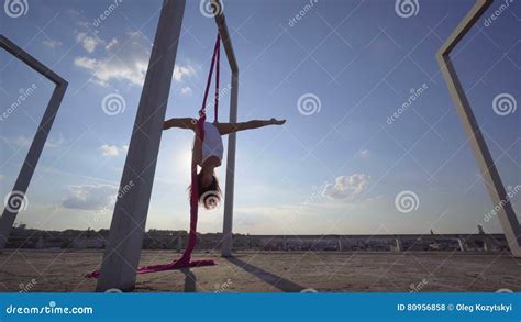 Beautiful Dancer On Aerial Silk Young Woman Performs Acrobatic Stunts