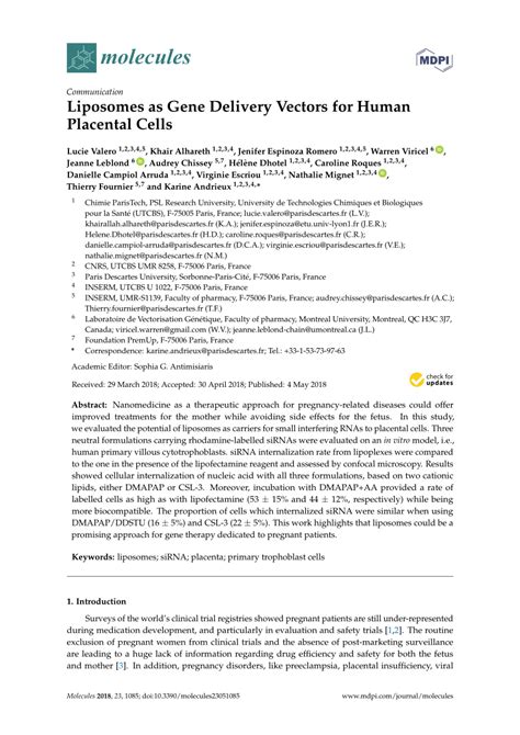 Pdf Liposomes As Gene Delivery Vectors For Human Placental Cells