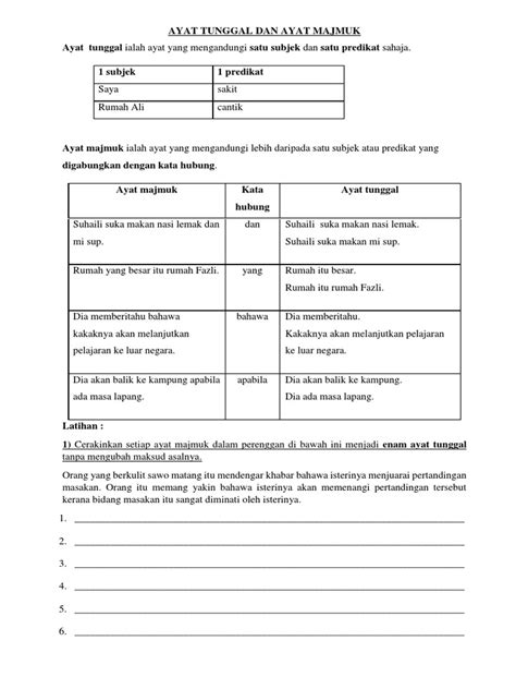 Ayat Tunggal Dan Ayat Majmuk Nota Dan Latihan Pdf