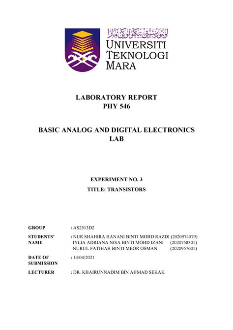 Lab Report Experiment 3 Laboratory Report Phy 546 Basic Analog And
