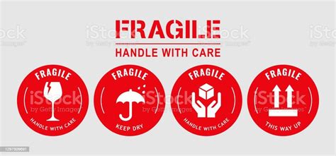 깨지기 쉬운 벡터 일러스트레이션 케어 또는 패키지 라벨 스티커 세트로 핸들 빨간색과 흰색 색상 세트 원형 모양 배너 스타일 깨짐에 대한 스톡 벡터 아트 및 기타 이미지