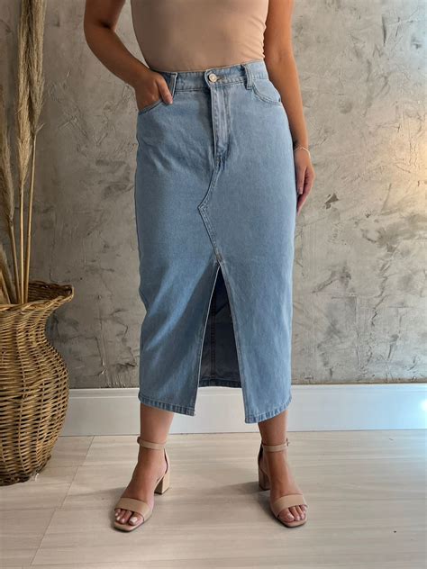 Saia Jeans Midi Delave Moda Feminina Saias