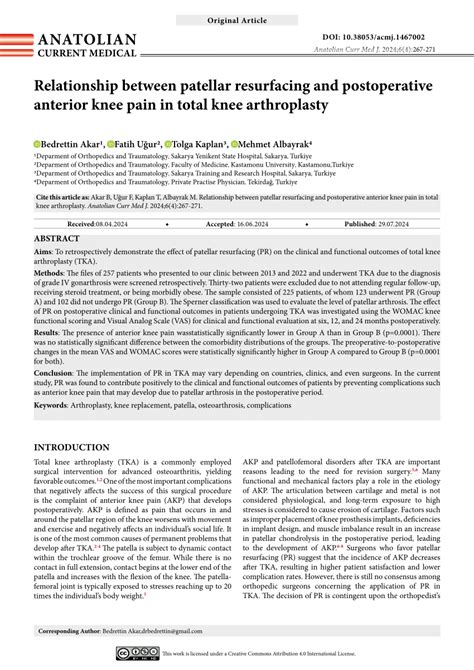 Pdf Relationship Between Patellar Resurfacing And Postoperative