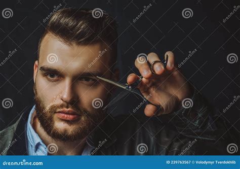 Young Man Portrait Of Guy With Barber Scissors For Barber Shop Modern
