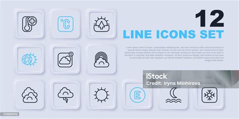 선 밤 안개 또는 연기 눈송이 일기 예보 앱 나침반 서쪽 태양의 일식 구름과 번개 섭씨 및 태양 아이콘을 설정합니다 벡터 Gui 위젯에 대한 스톡 벡터 아트 및 기타 이미지