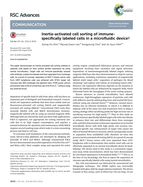 Pdf Inertia Activated Cell Sorting Of Immune Specifically Labeled Cells In A Microfluidic Device