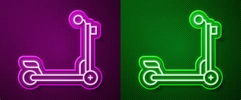 보라색과 녹색 배경에 고립 된 빛나는 네온 라인 스쿠터 아이콘 벡터 고풍스런에 대한 스톡 벡터 아트 및 기타 이미지 고풍스런 교통수단 녹색 Istock