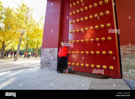 Beijing China November 4 2022 The Lady In Red At The Temple Of