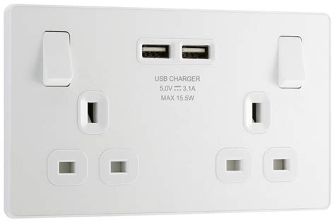 Bg Evolve Pearl White Double Switched 13a Power Socket 2 X Usb 31a