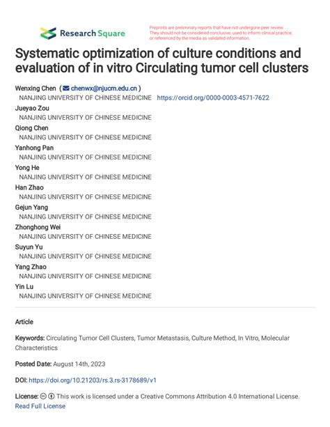 Pdf Systematic Optimization Of Culture Conditions And Evaluation Of In Vitro Circulating Tumor