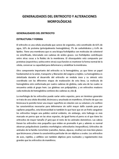 Generalidades Del Eritrocito Y Sus Alteraciones Morfológicas Pdf