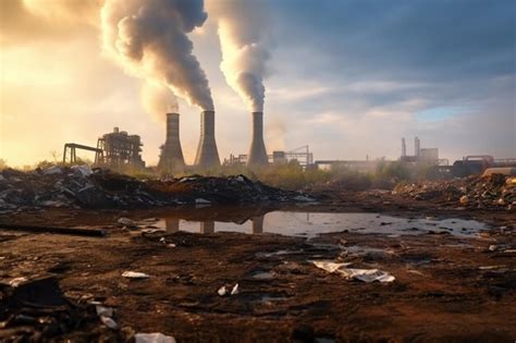 Garbage In Front Of Smokestack Factory Premium Ai Generated Image