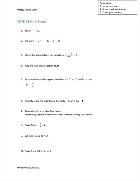 Solved MTH101 Final Exam Reminders 1 Show Your Work 2 Chegg Com