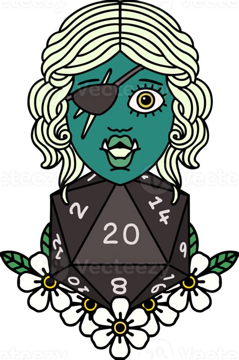 Retro Tattoo Style Half Orc Rogue With Natural Twenty Dice Roll