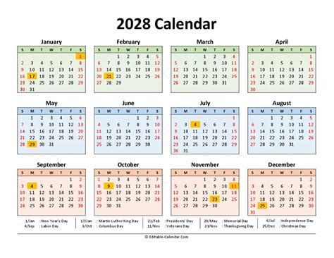 2028 Calendar With Holidays Printable Printable Art And Words