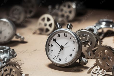 Pile Of Pencils Clockwork Gears And Analogous Clock Or Stopwatch Lying On Construction Plans Or