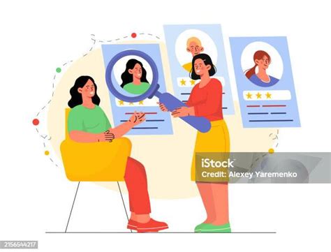 후보자와 함께하는 Hr 여성은 구직자의 이력서를 평가합니다 직원 순위 및 평가 회사 직원 확대 헤드헌팅 및 채용 프로세스 만화