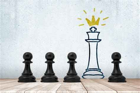 벽에 그려진 체스 왕과 흰색 나무 바닥에 4 개의 검은 체스 폰의 3d 렌더링 성취에 대한 스톡 사진 및 기타 이미지 성취 승리 동작 활동 3차원 형태 Istock