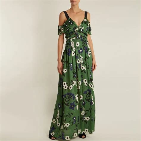 2018 Summer Dress Women Sexy V Neck Green Floral Print Chiffon Long