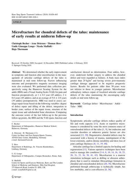 Pdf Microfracture For Chondral Defects Of The Talus Maintenance Of