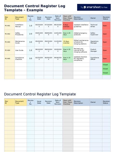 Ic Document Control Register Log Template Example 12215 Word Pdf