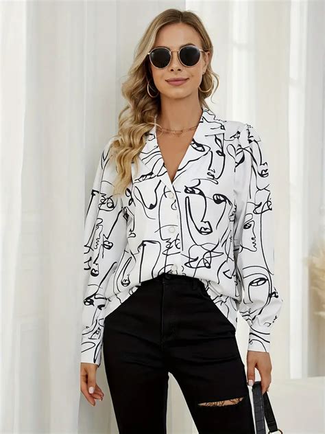 Abstract Print Lapel Button Blouse Casual Long Sleeve Blouse Temu Canada