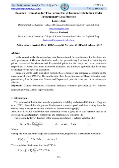 Pdf Bayesian Estimation For Two Parameters Of Gamma Distribution Under Precautionary Loss Function