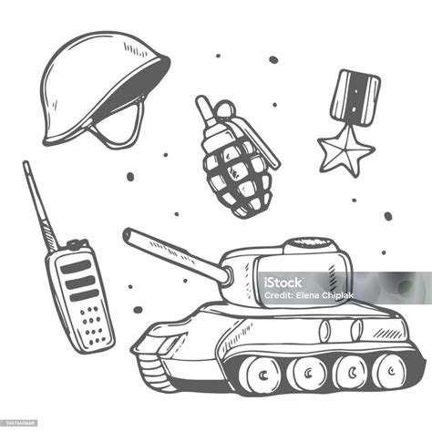 Military And War Elements In Vector Army Set Traditional Doodle Drawn