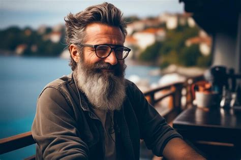 Man With Beard And Glasses Sitting At Table Generative Ai Premium Ai
