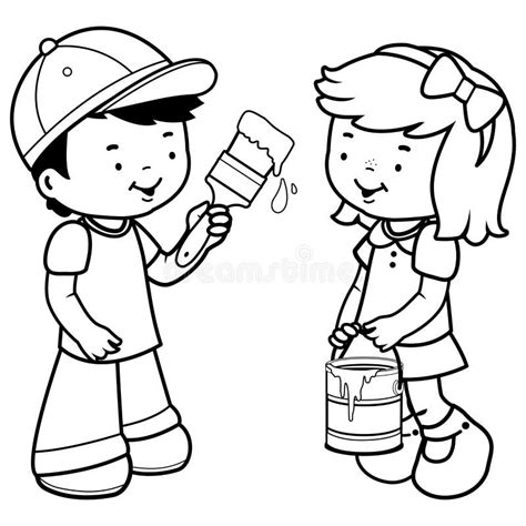 Menino Que Guarda Um Rolo E Uma Cubeta De Pintura Ilustração do Vetor