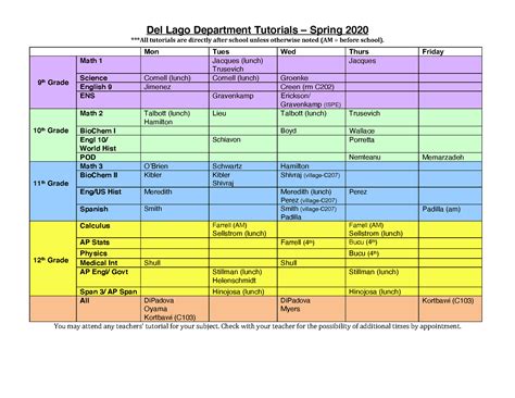 Tutorial Schedule Miscellaneous Del Lago Academy Campus Of