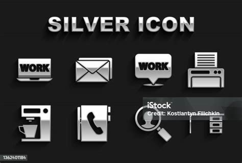 주소록 프린터 사무실 책상 검색인용 돋보기 커피 머신 텍스트 작업 위치 랩톱 및 봉투 아이콘을 설정합니다 벡터 개념에 대한 스톡 벡터 아트 및 기타 이미지 Istock