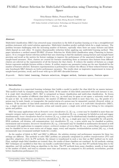 Pdf Fs Mlc Feature Selection For Multi Label Classification Using