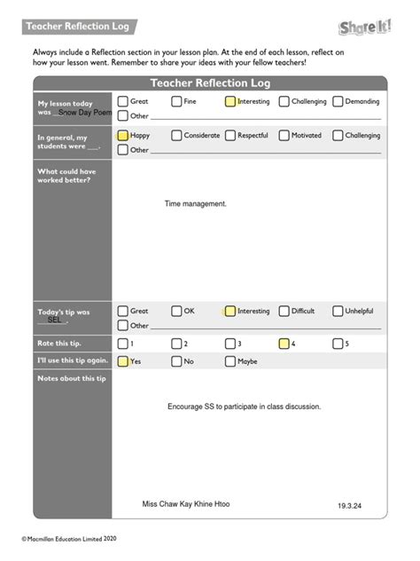 Reflection Log Sample Pdf