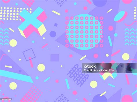 기하학적 모양이있는 80 년대 원활한 패턴 원과 삼각형 홍보 용품 배너 및 포장지에 인쇄하기위한 다채로운 추상적 배경 벡터