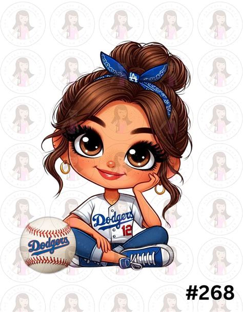 Cartoon Girl Baseball Fan Dodgers Brown Hair Brown Eyes Messy Bun Png