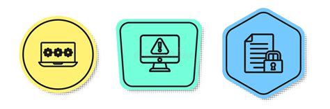 Set Line Laptop With Password Monitor Exclamation Mark And Document