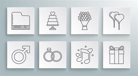 세트 라인 남성 성별 기호 웨딩 케이크 하트 반지 음표 톤 하트 선물 상자 꽃다발 풍선 모양 리본 및 그랜드 피아노 아이콘 벡터 0명에 대한 스톡 벡터 아트 및 기타 이미지