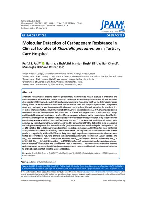 Pdf Molecular Detection Of Carbapenem Resistance In Clinical Isolates Of Klebsiella Pneumoniae