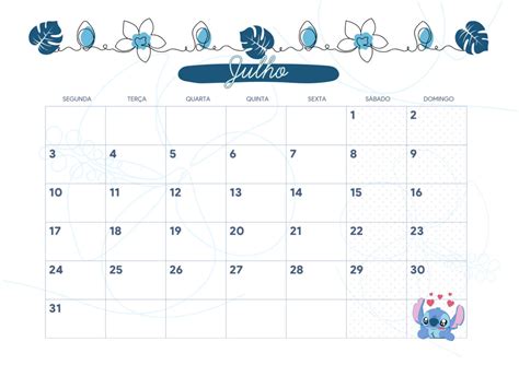Calendario Mensal Stitch Julho Fazendo A Nossa Festa