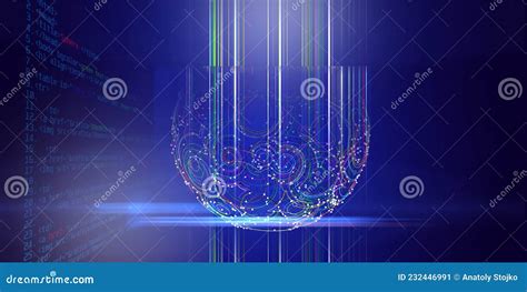 Abstract Background With Chaotic Radial Lines Connecting Dots Of Code Sphere On Dark Blue