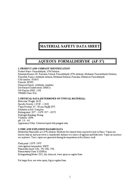 Formaldehyde Msds Formaldehyde Ethanol
