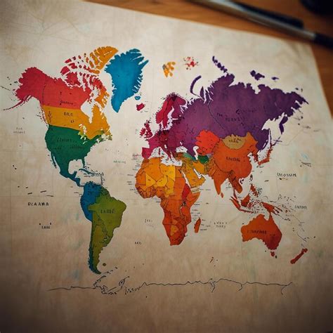 Um mapa colorido do mundo em madeira mostrando países e continentes